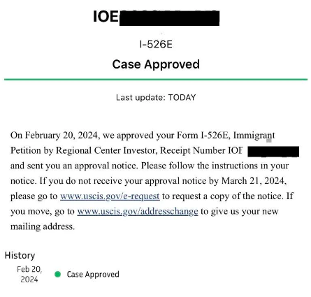 又见喜讯：ALC乡村项目又一位投资人I-526E零补件获批！-美国国际项目咨询集团有限公司北京代表处