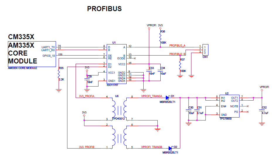 CM335X核心板--基于TI ISO1176T的Profibus的参考硬件设计-赛普盛科技
