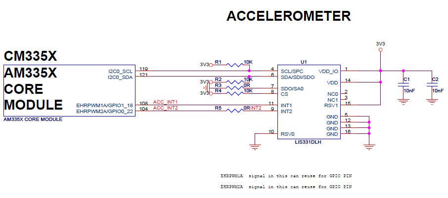CM335X核心板-基于ST LIS331DLH的加速度传感器的硬件参考设计-赛普盛科技