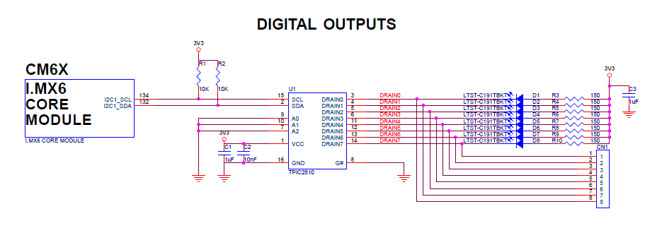 CM6X核心板-基于TI TPIC2810的配备I2C接口的8位LED驱动器的硬件参考设计-赛普盛科技