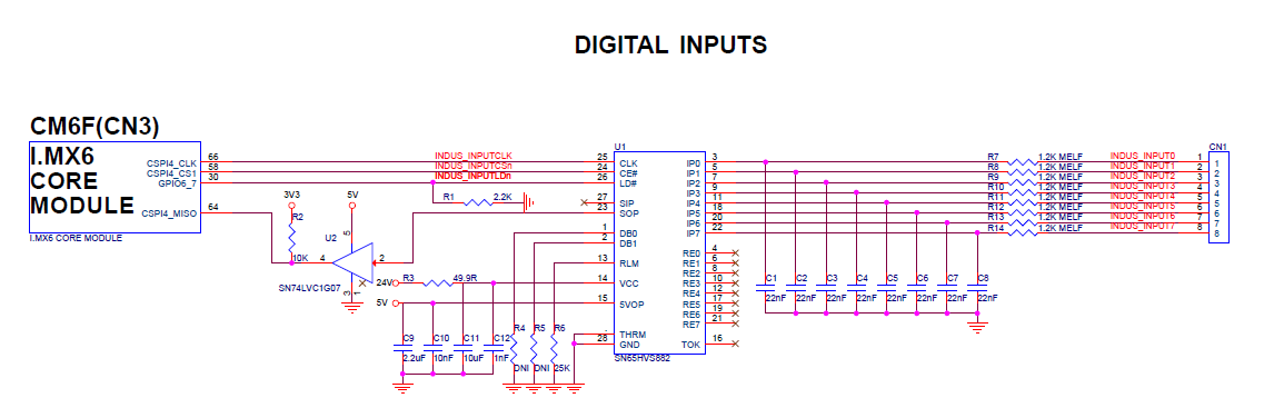 CM6F核心板-基于TI SN65HVS882的SPI接口的8路数字输入串行化的硬件参考设计-赛普盛科技