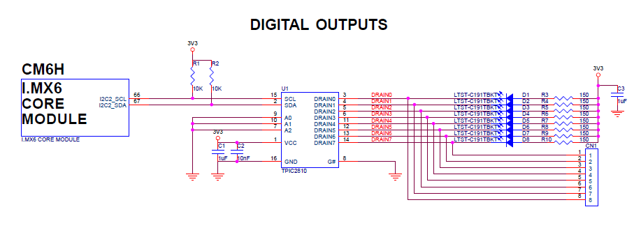 CM6H核心板-基于TI TPIC2810的配备I2C接口的8位LED驱动器的硬件参考设计-赛普盛科技