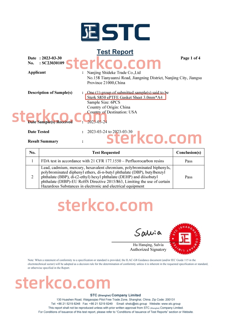 Sterk S850 膨体聚四氟乙烯板ePTFE Gasket Sheet通过FDA和Rohs 2.0测试认证-南京史德克贸易有限公司