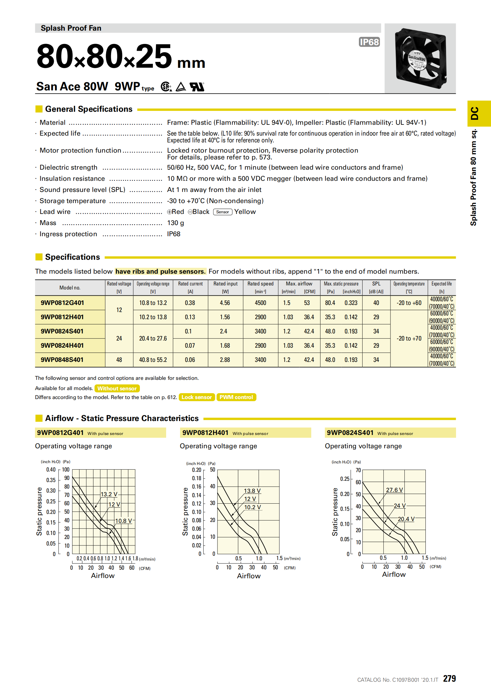 Sanyo Denki 80W 9WP系列 9WP0812G401 12VDC 0.38A 4.56W 4500rpm 80×80×25mm ...