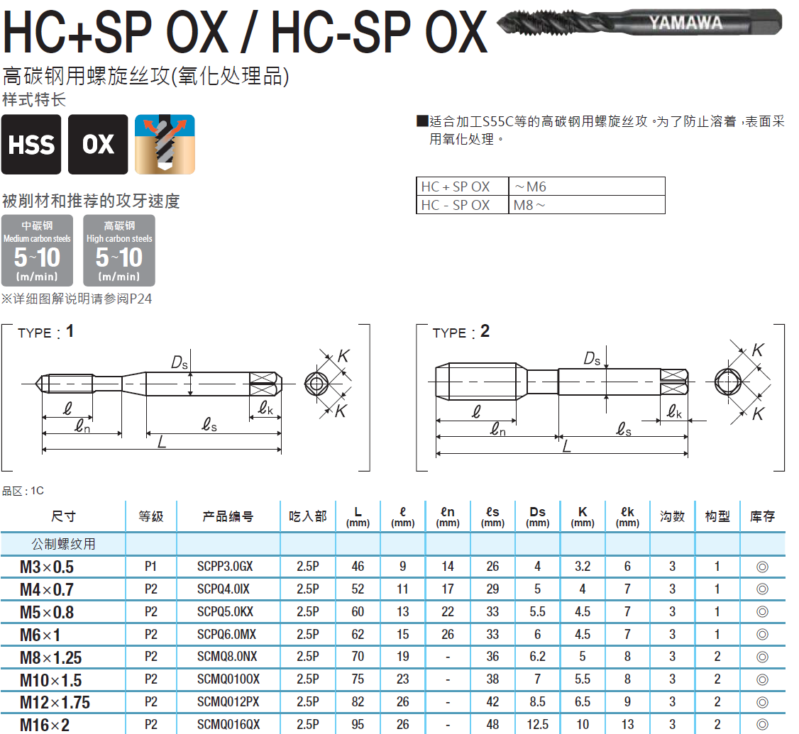 HC+SP OX / HC-SP OX 高碳钢用螺旋丝攻（氧化处理品） 日本儞满和YAMAWA 攻牙低速盲孔加工底中碳钢用 日本进口丝锥-正善德工业（深圳）有限公司