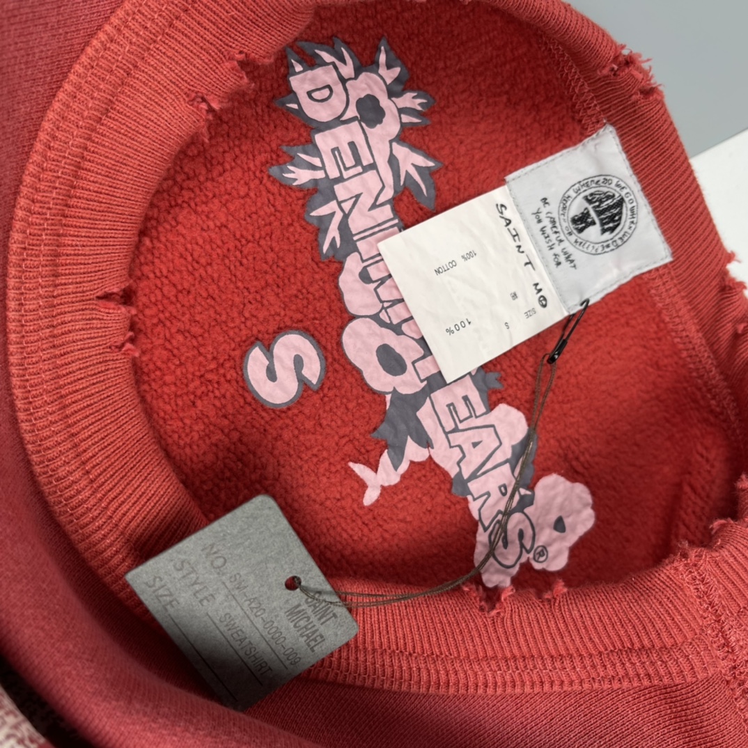 SAINT MICHAEL×DENIM TEARS联名 21FW 水洗做旧破坏字母圆领卫衣 -GDF档口-潮流干货
