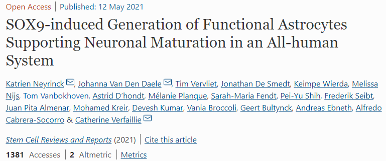 Stem Cell Reviews and Reports--SOX9的过表达使hiPSC诱导的星形胶质细胞快速成熟-蔼可芯昂生物仪器（上海）有限公司