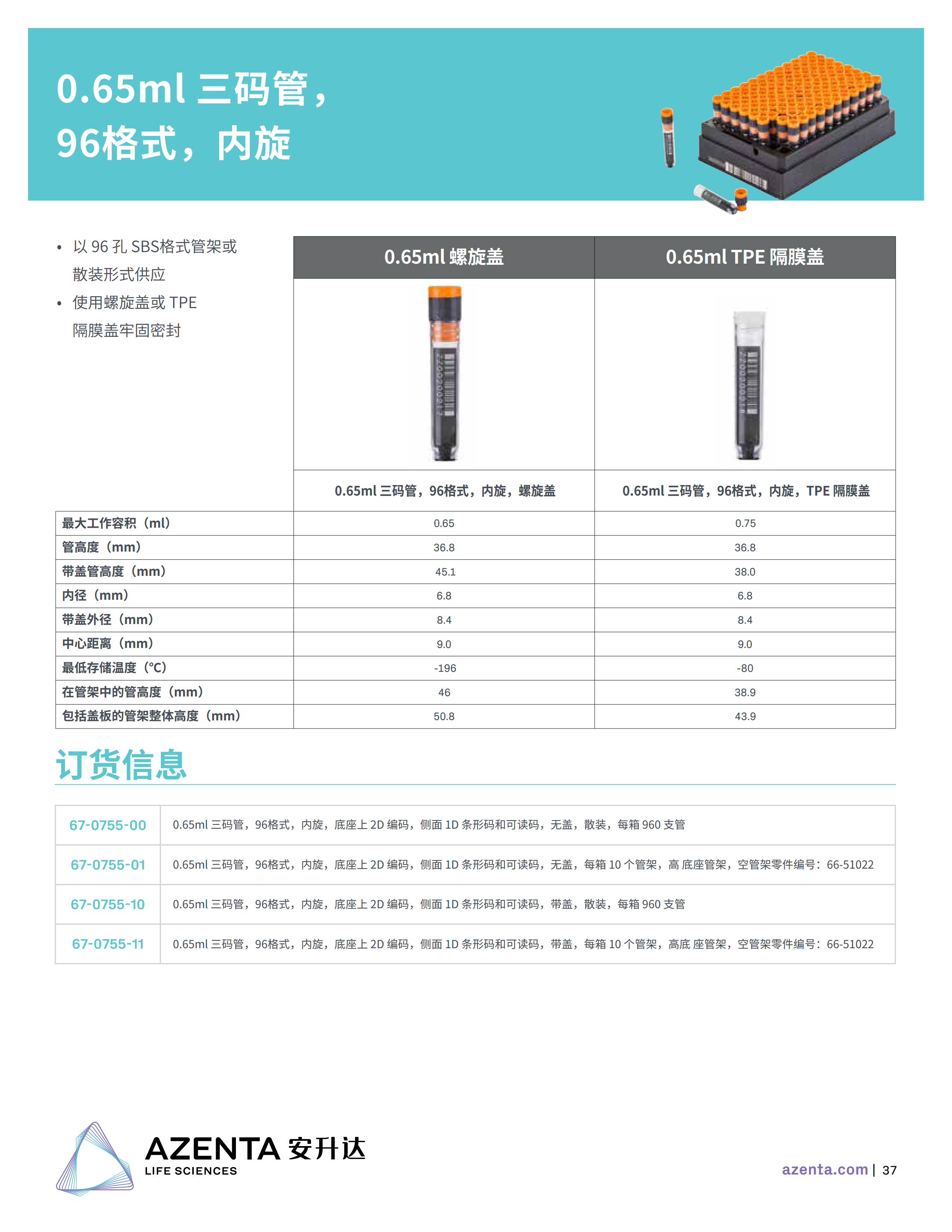Azenta FluidX 0.65ml 三码管，96 格式，内旋（货号：67-0755）-企业官网